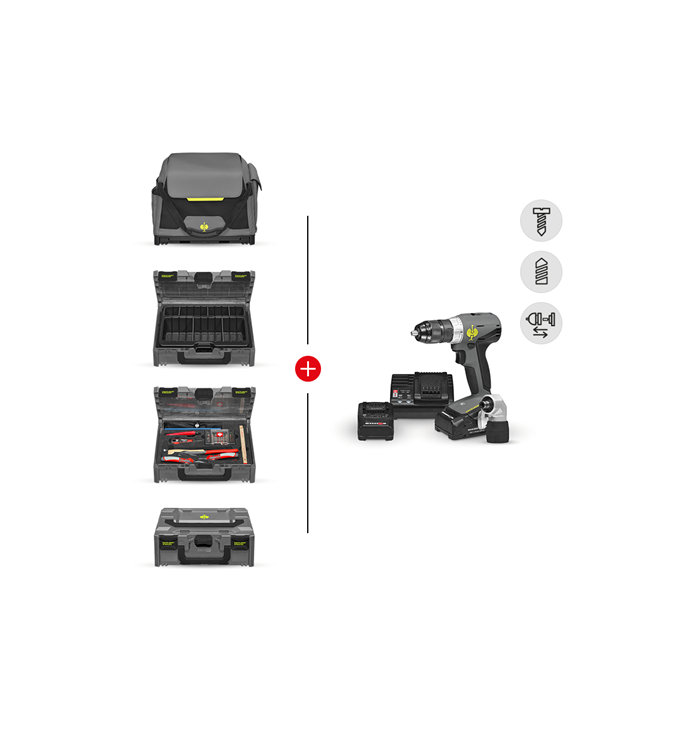 Tool set + multi drill screwdriver + STRAUSSbox basaltgrey/acid yellow ...